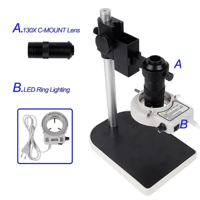 13MP HDMI VGA Industrial Microscope Camera C Mount Lens Ring Light Lam