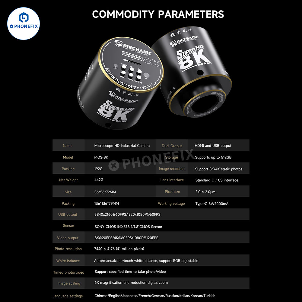 MECHANIC MOS-8K Microscope Camera 8K 4K HDMI USB Output