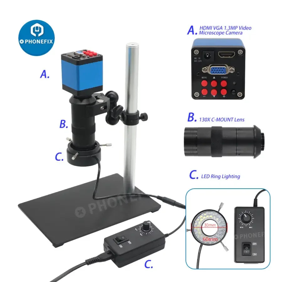 Microscope Set Industrial Camera 130X Lens Magic Arm Super Clamp