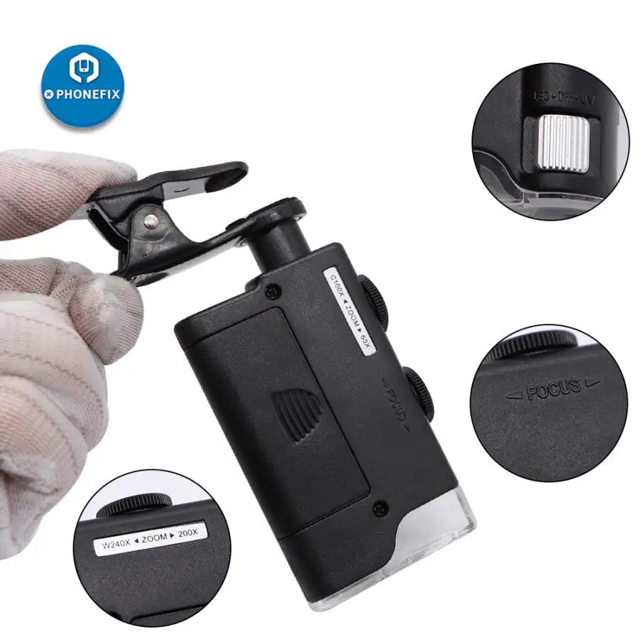 Mini Phone Clip Microscope 60X Pocket Magnifying Glass LED UV Light