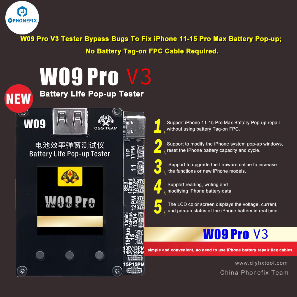W09 Pro Tester Solved iPhone 11-15 Battery Pop-up Without Tag-on Cable